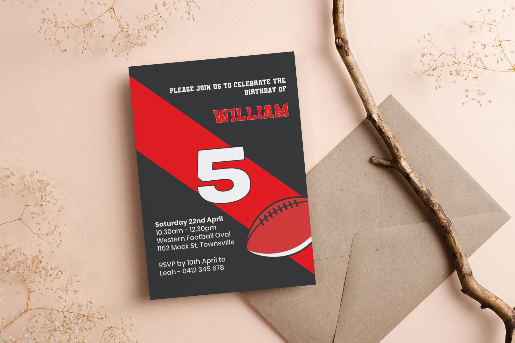 Editable Age Essendon Invitation Football 5th Birthday Party Footy ...