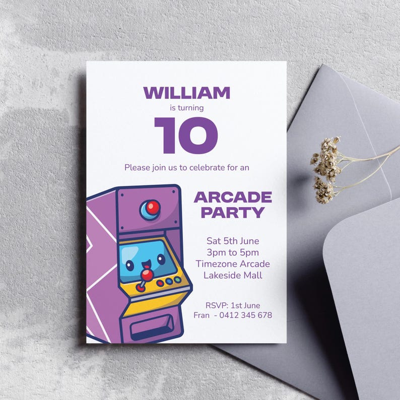 10th Birthday Arcade Party Invitation | Custom Editable DIY Invite ...