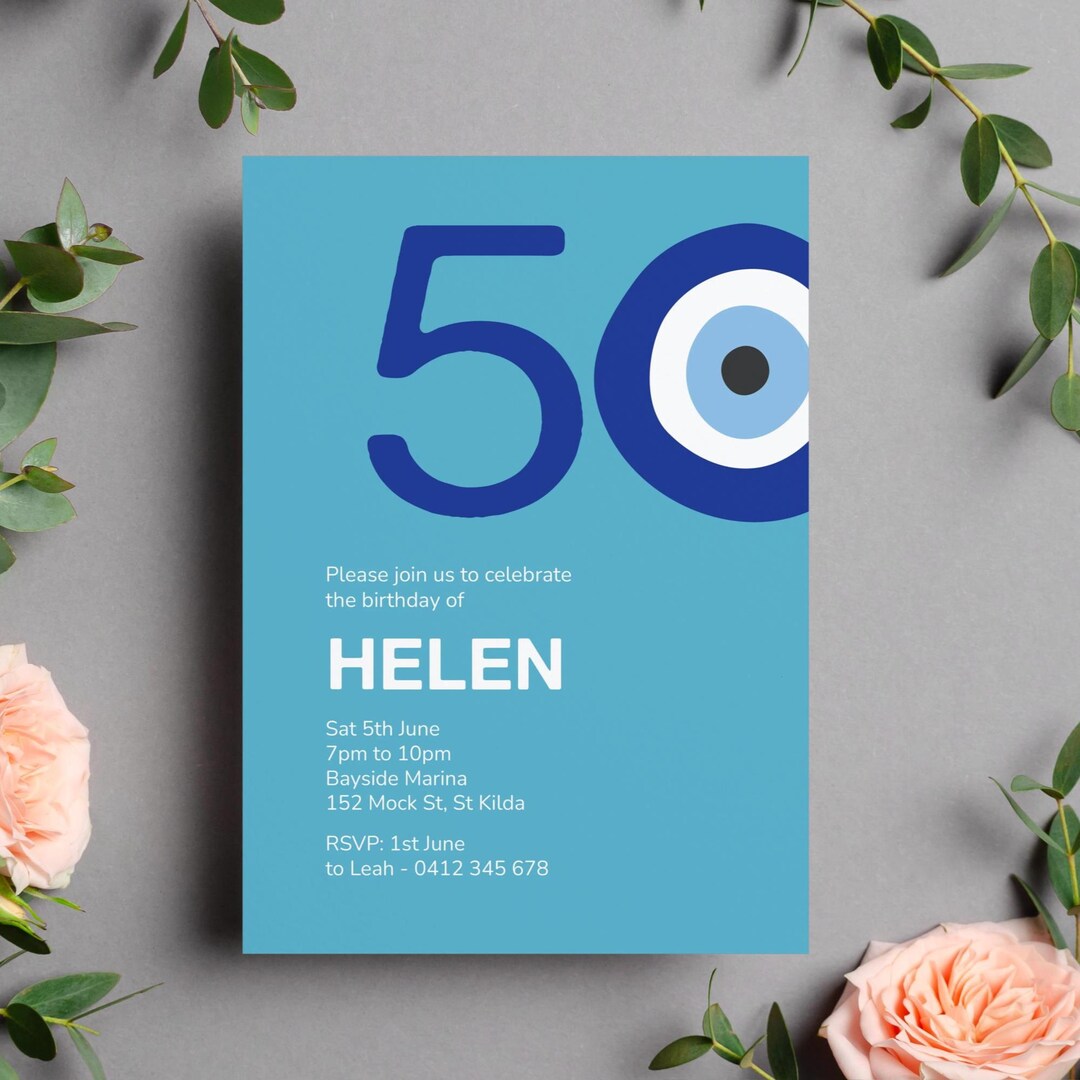 50th Greek Eye Birthday Invitation | Evil Eyes Amulet | Editable ...