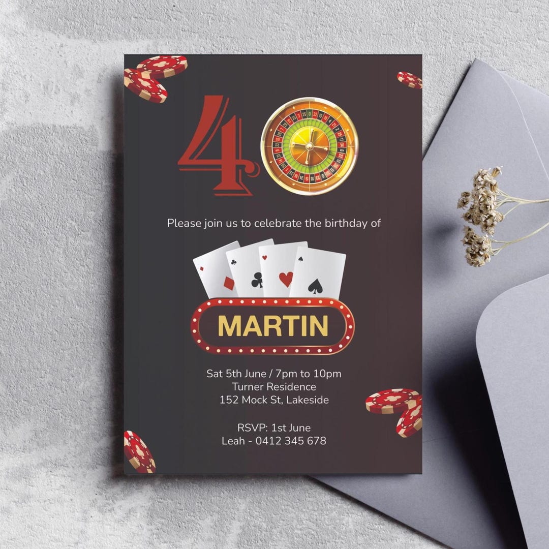 Casino Night 40th Birthday Invitation: Modern Poker Theme (digital ...