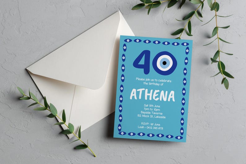 Greek 40th Birthday Invitation: Evil Eye Amulet, Editable Template ...