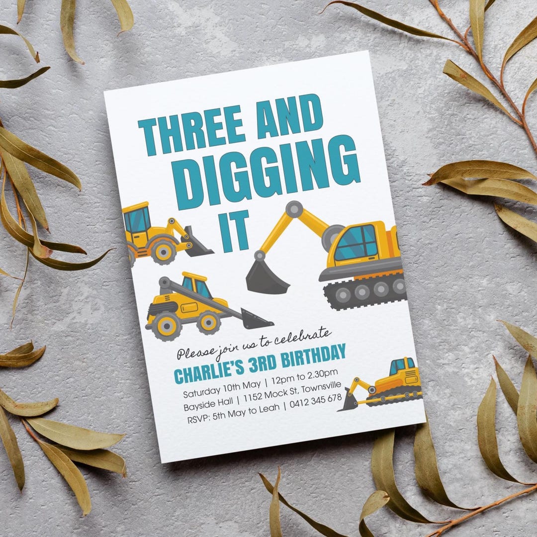 Digger Trucks Invitation | Boys 3rd Birthday Party Construction ...