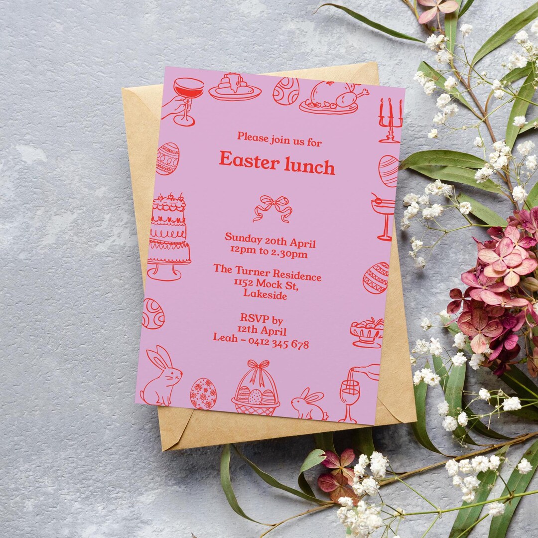 Editable Easter Lunch Invitation: Pink & Red Template (A5) - Etsy