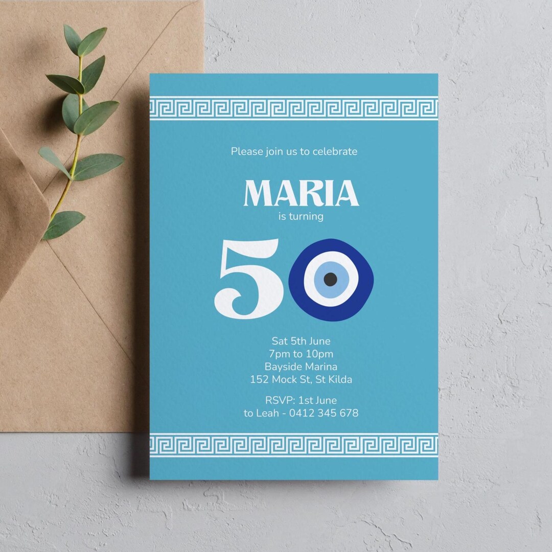 50th Greek Eye Birthday Invitation | Evil Eyes Amulet | Editable ...