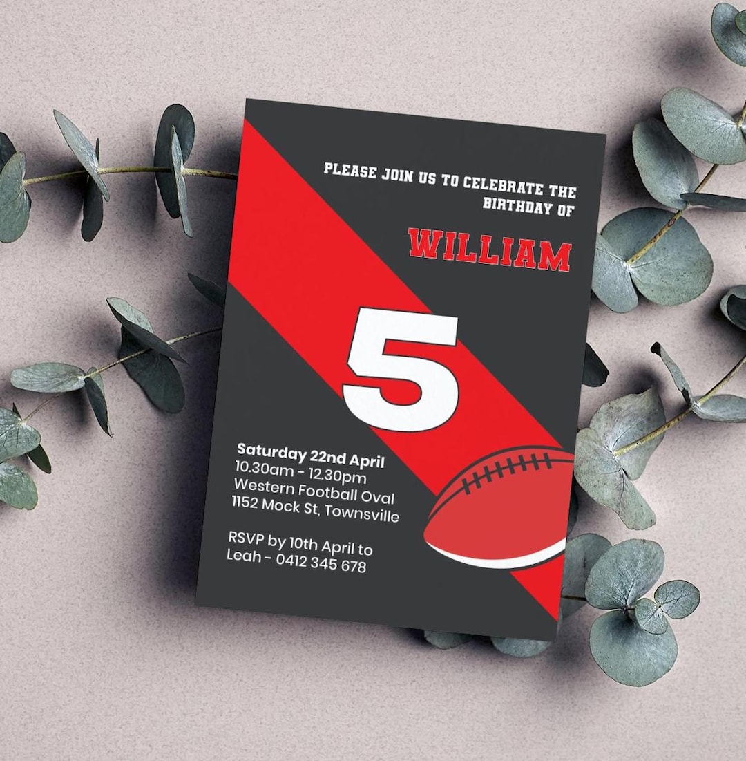 Editable Age Essendon Invitation Football 5th Birthday Party Footy ...
