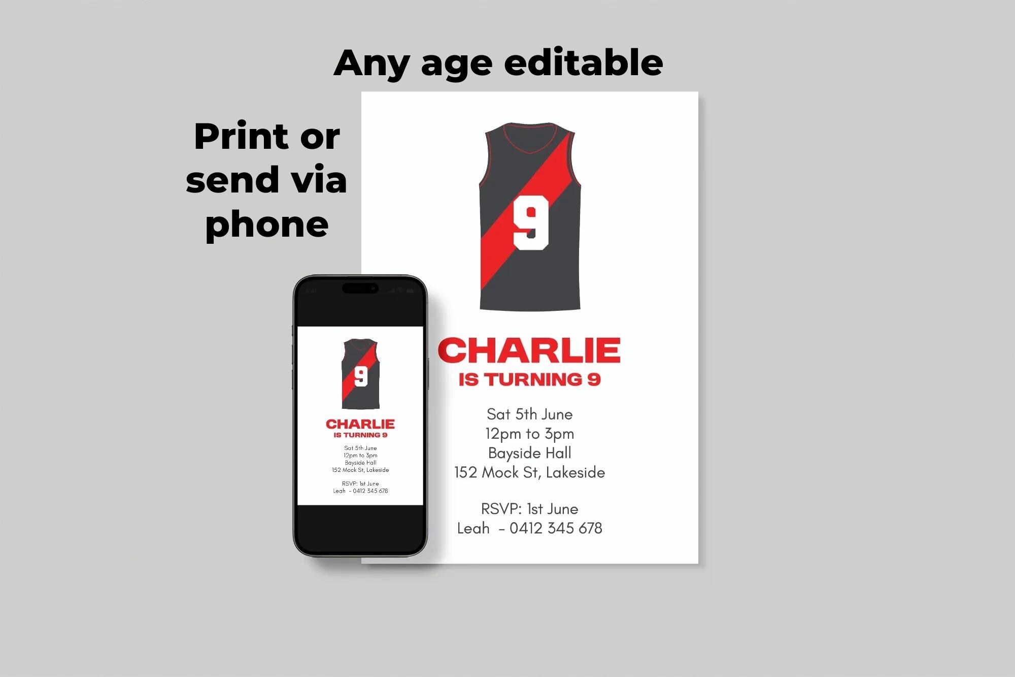 Editable Age Essendon Invitation | Football 9th Birthday Party | Footy ...