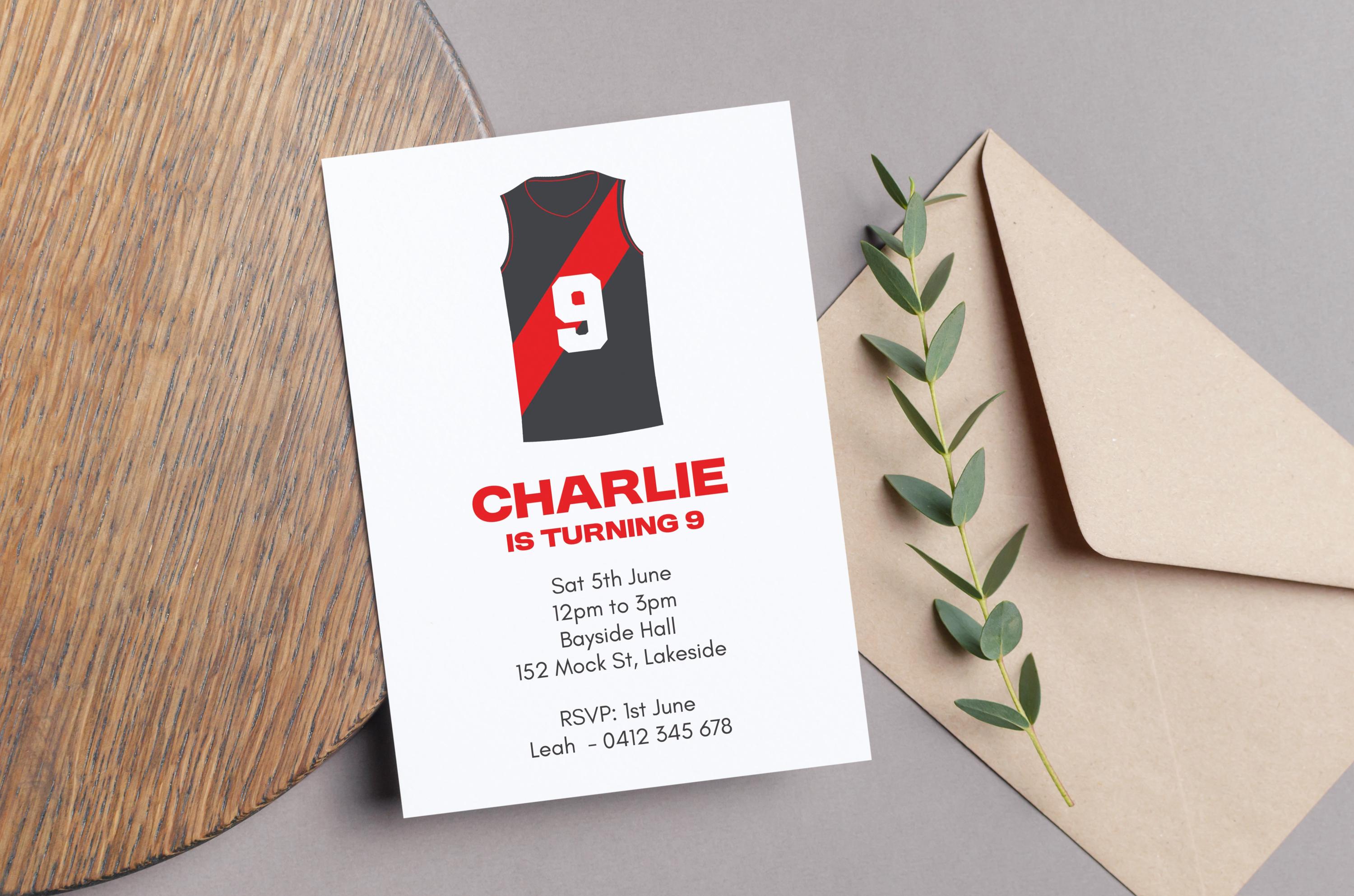 Editable Age Essendon Invitation | Football 9th Birthday Party | Footy ...