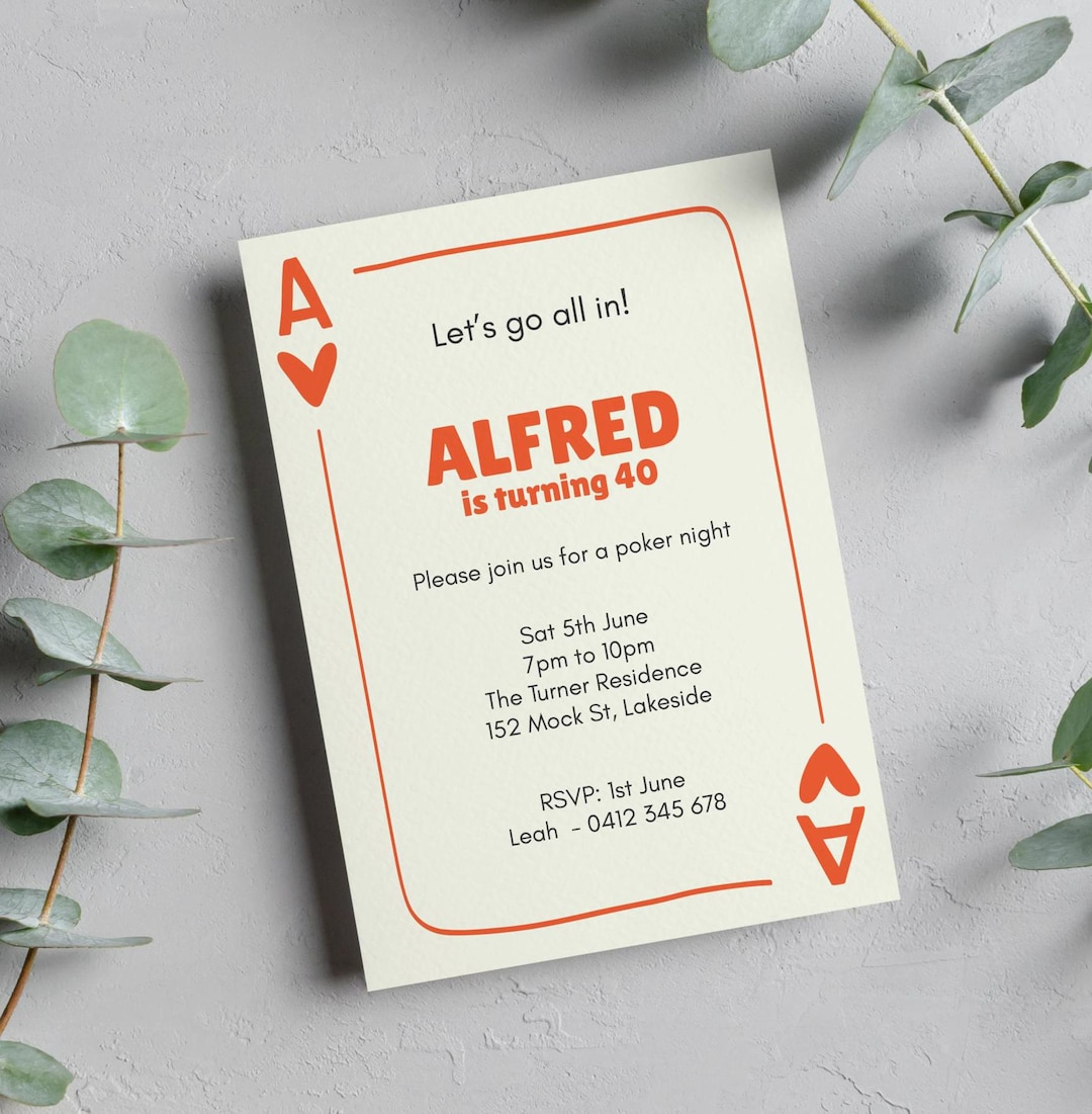 Poker 40th Birthday Invitation: Ace Card, Editable Template Evite ...