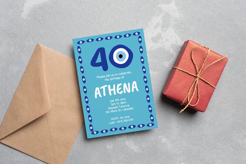 Greek 40th Birthday Invitation: Evil Eye Amulet, Editable Template ...