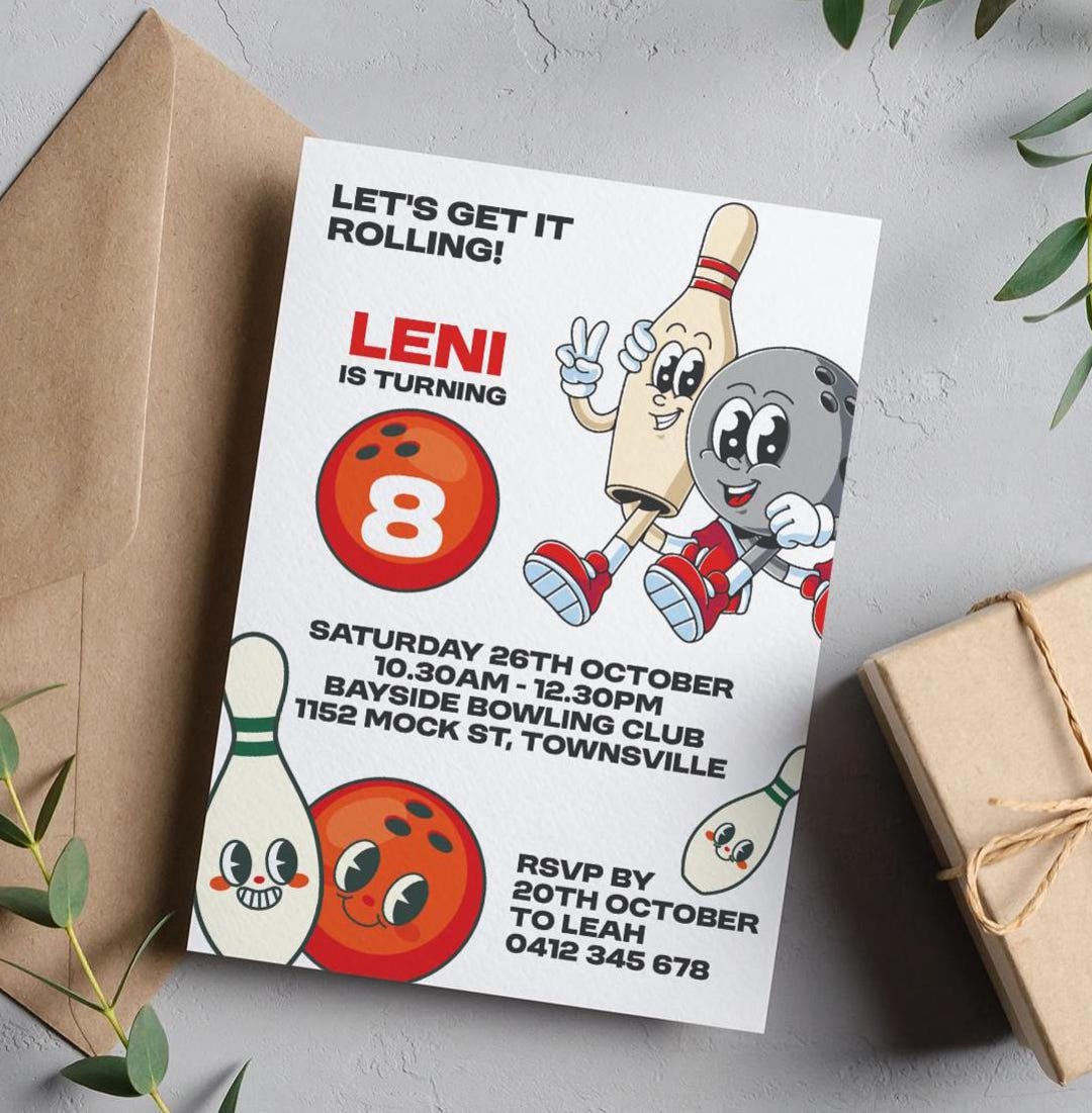 Bowling 8th Birthday Invitation: Kids Party, Printable Editable Invite ...