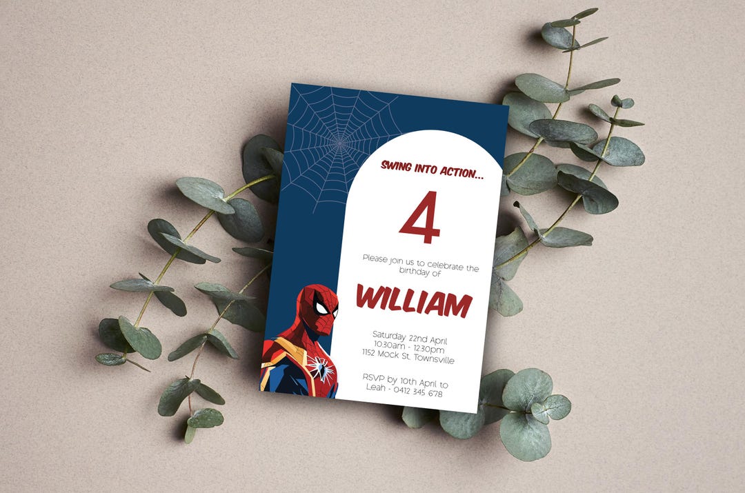 Spiderman 4th Birthday Invitation Superhero Boy Spidey Forth Birthday ...