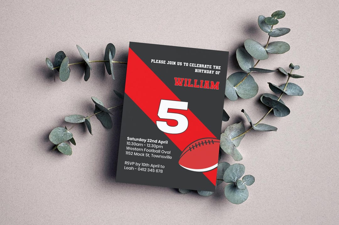 Editable Age Essendon Bombers Invitation AFL Football 5th Birthday ...