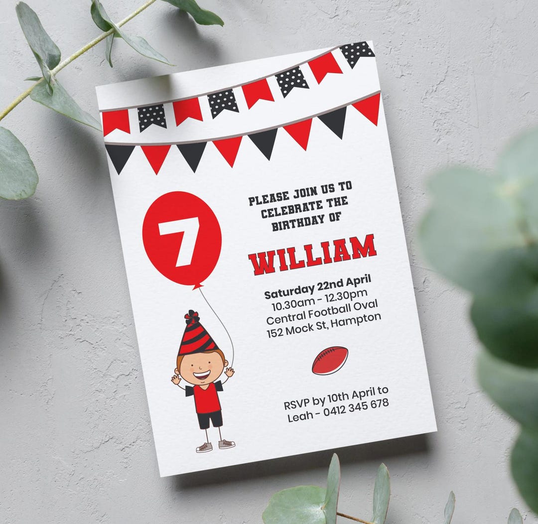 Editable Age Essendon Football 7th Birthday Party Invitation Footy ...