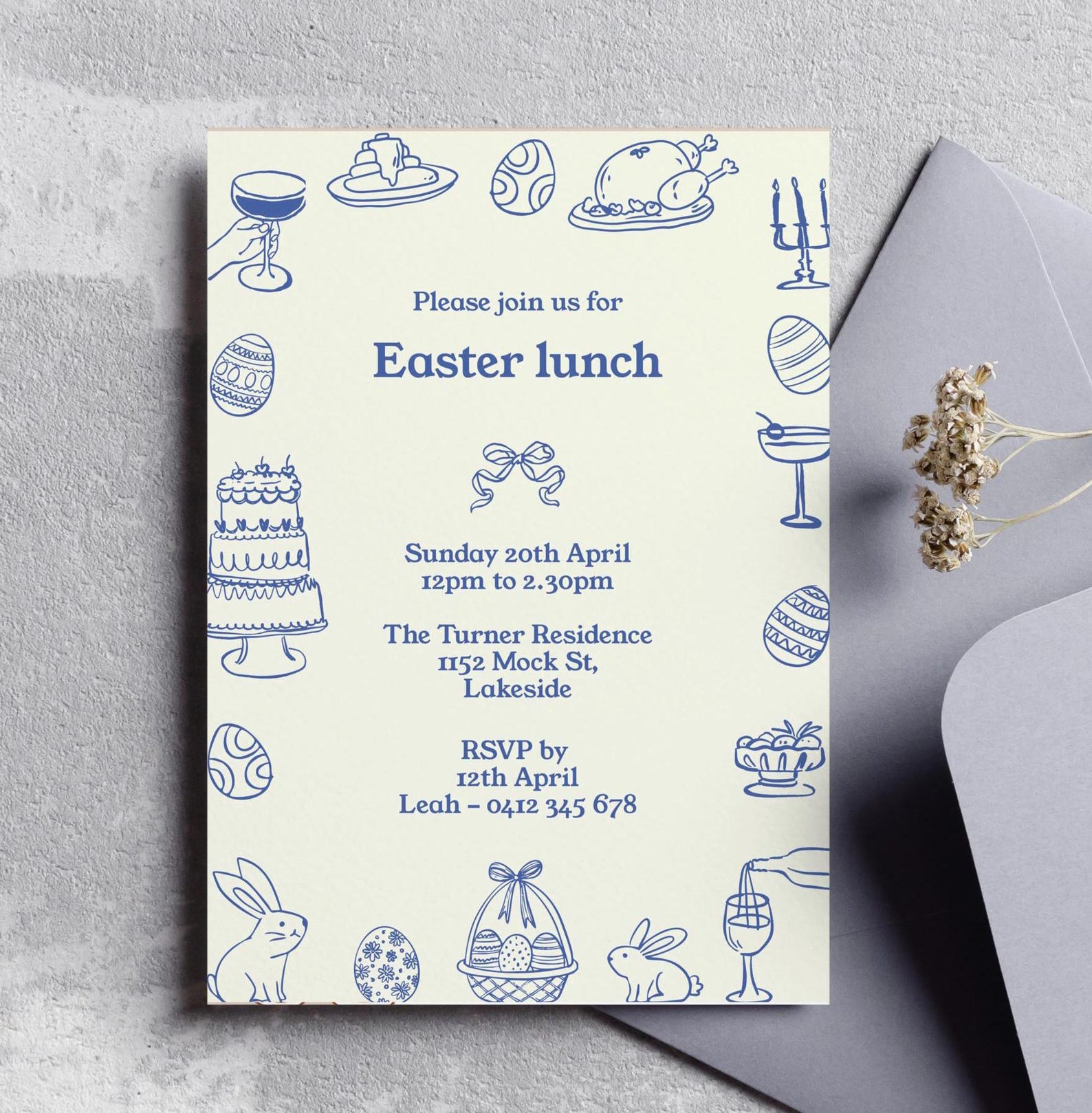 Easter Lunch Invitation | Editable Invite for Easter Celebration | Blue ...