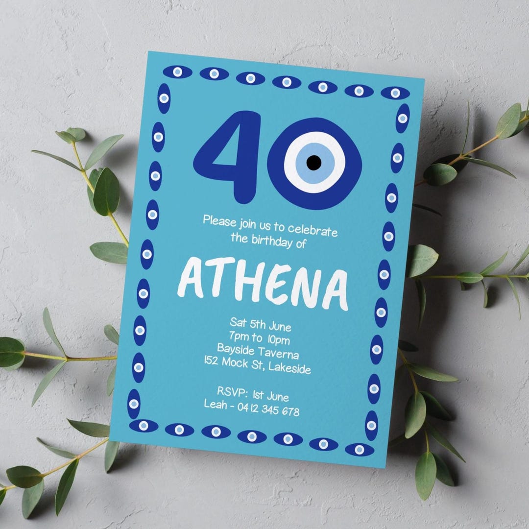 Greek 40th Birthday Invitation: Evil Eye Amulet, Editable Template ...