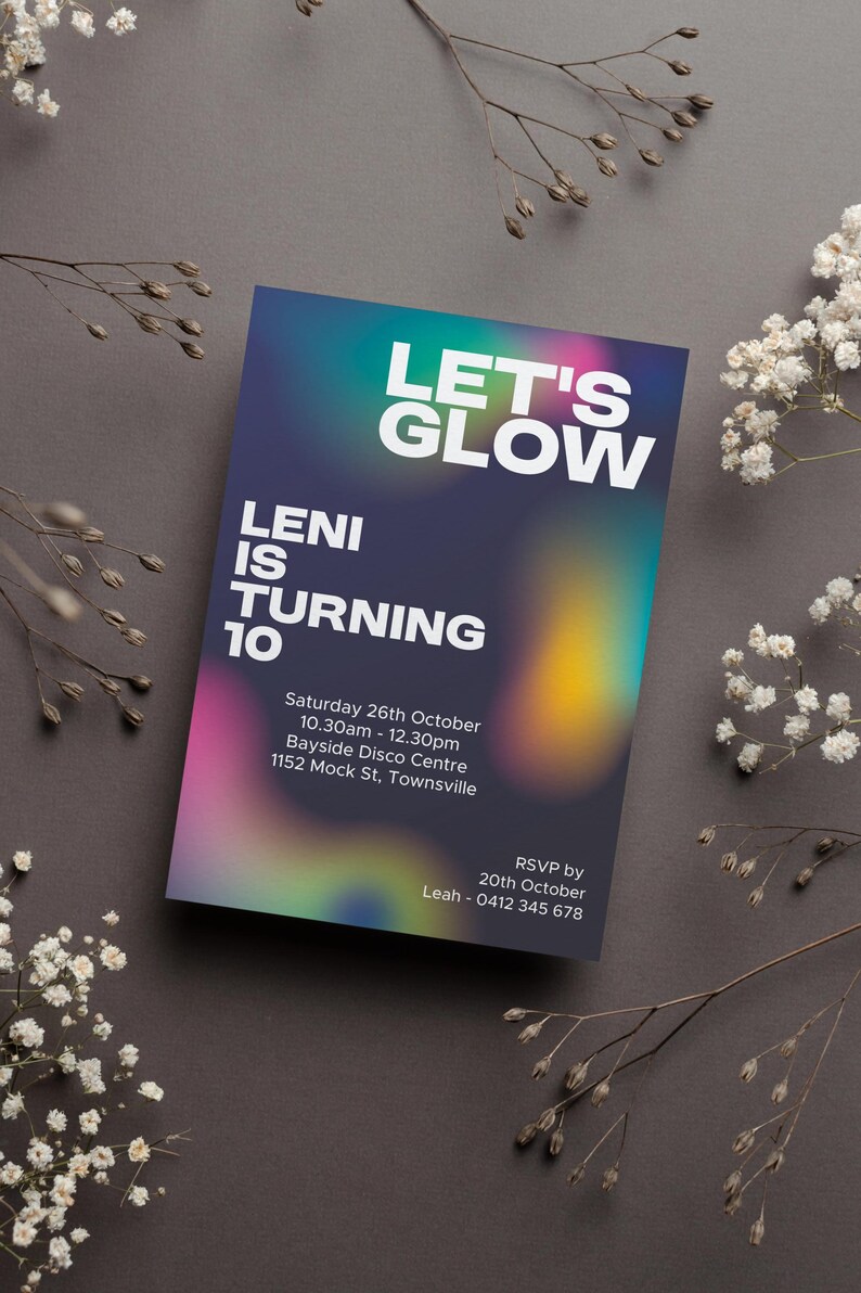 10th Birthday Glow Party Invitation | Neon Editable Rainbow Invite ...