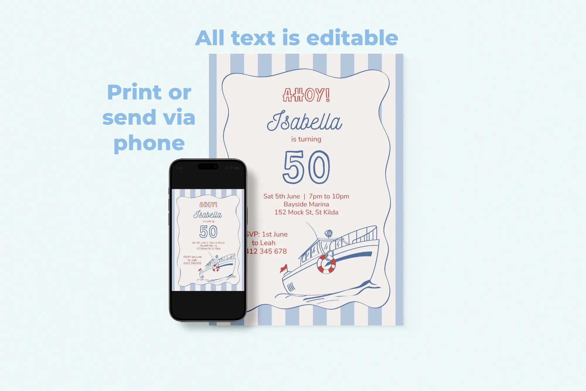 50th Sailing Boating Birthday Invitation | Editable Instant Download ...