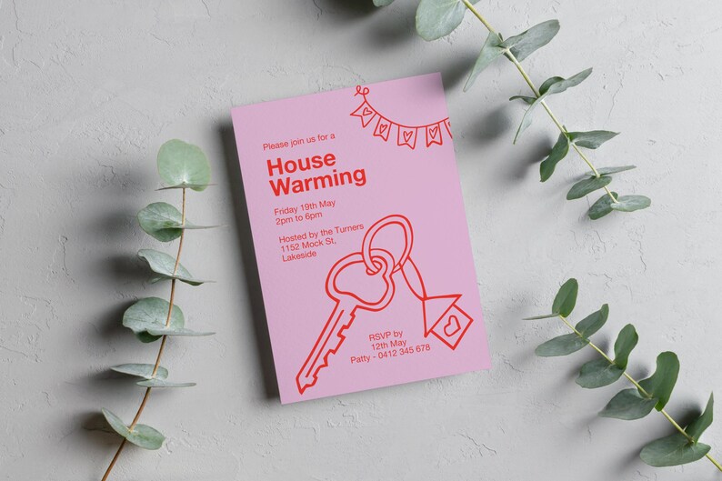 Editable Housewarming Invitation Template: Pink & Red Key Design Hand ...