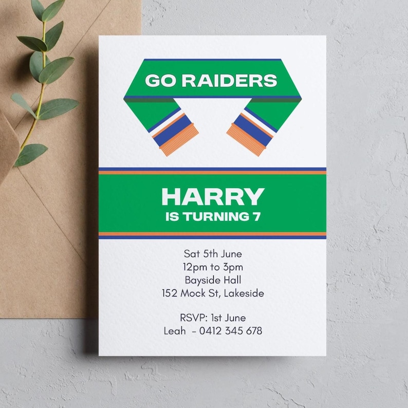 Editable Age Raiders Invitation | Birthday Party NRL Footy Seven Years ...