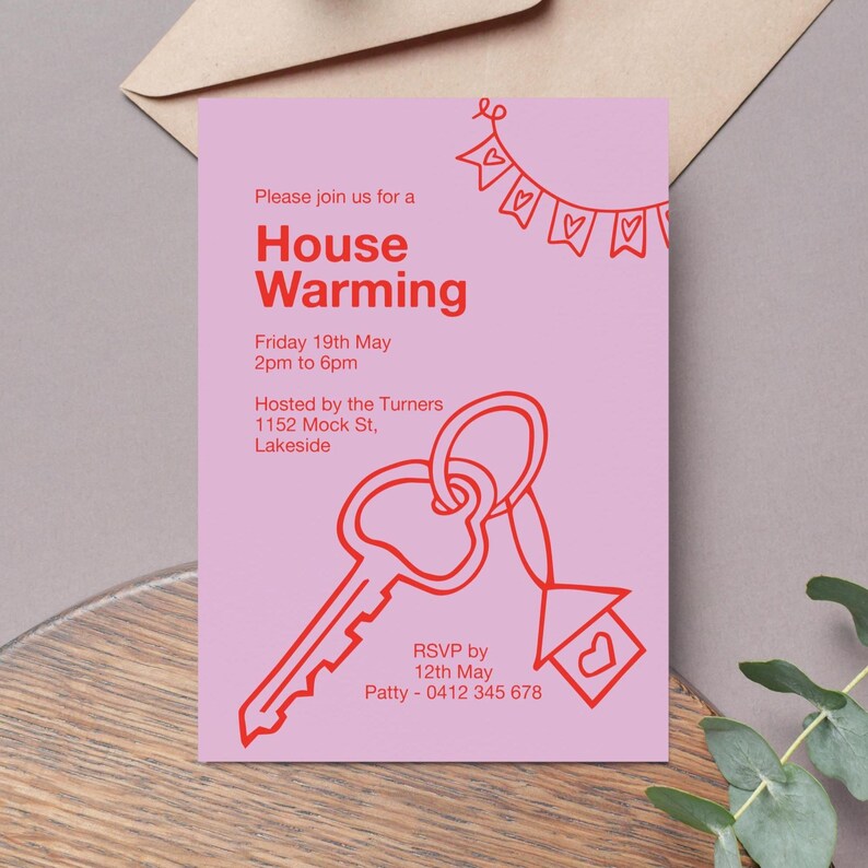 Editable Housewarming Invitation Template: Pink & Red Key Design Hand ...