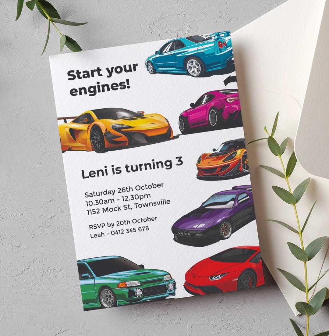 Editable Age | Cars 3rd Birthday Party Invitation | Hot Racing Cars ...