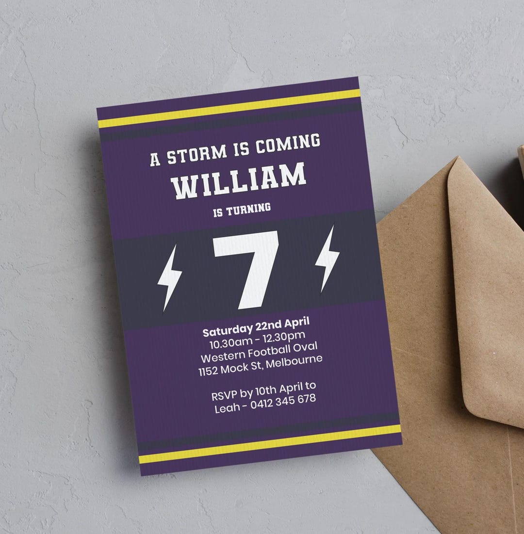 Editable Age Melbourne Storm Invitation NRL 7th Birthday Party Footy ...