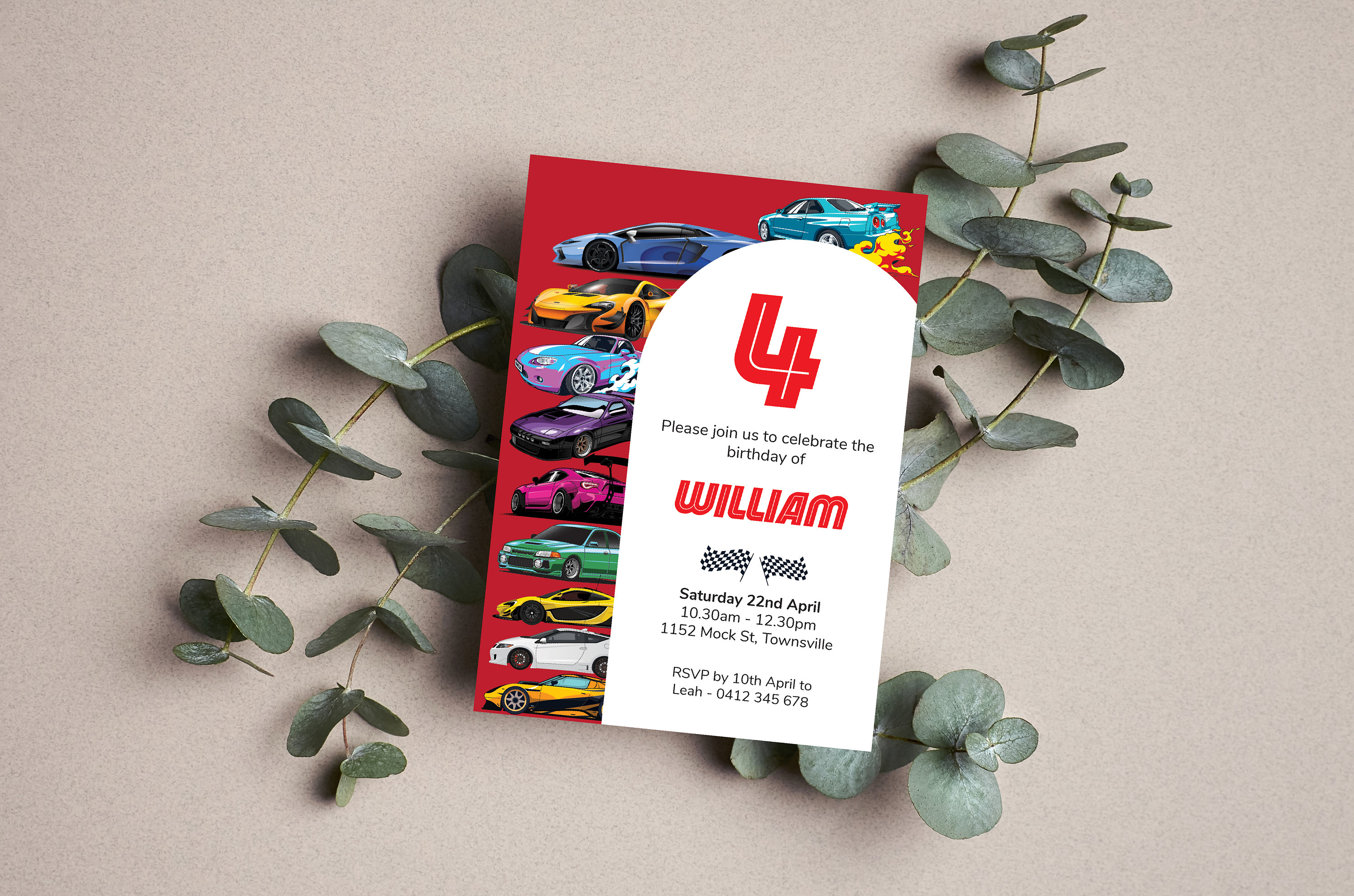 Hot Wheels Cars 4th Birthday Invitation Racing Cars Boy Fourth Birthday ...