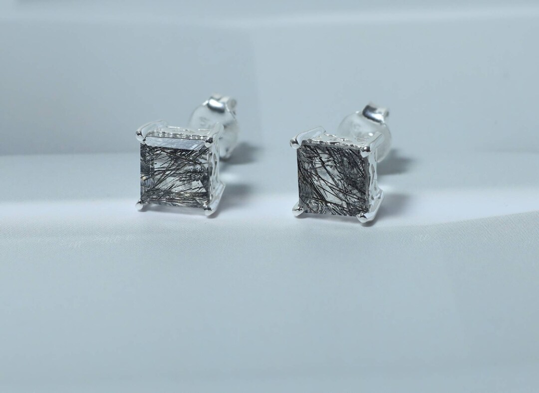 Black Rutilated Stud Earrings in Sterling Silver, Square Cut Stud ...