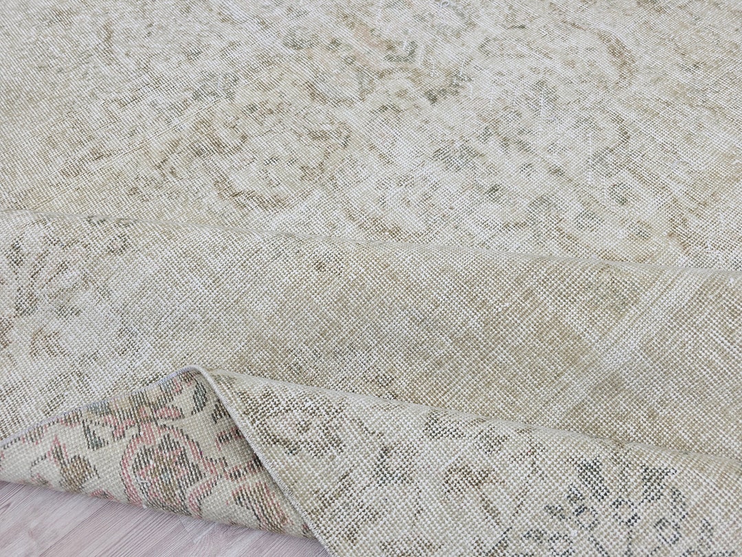 Beige 7x10 Rug, Hand Made Turkish Vintage Rug, Neutral Oushak Area Rug ...