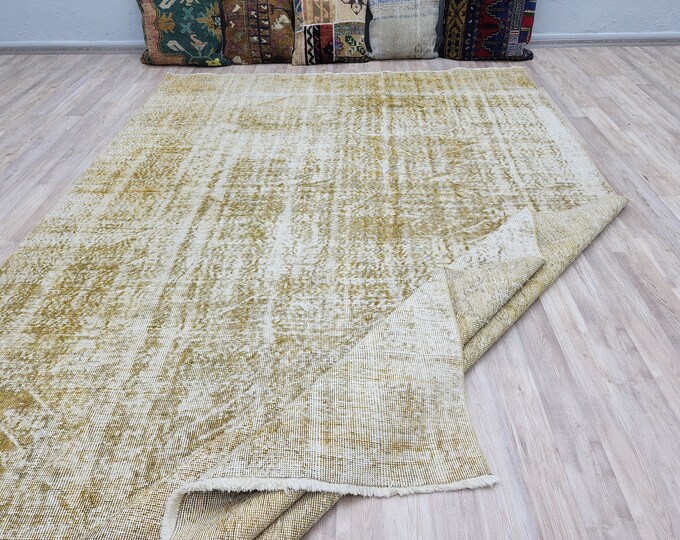 Yellow Overdyed Rug Turkish, Rug 7x11, Vintage Oriental Rug, Golden Rug ...