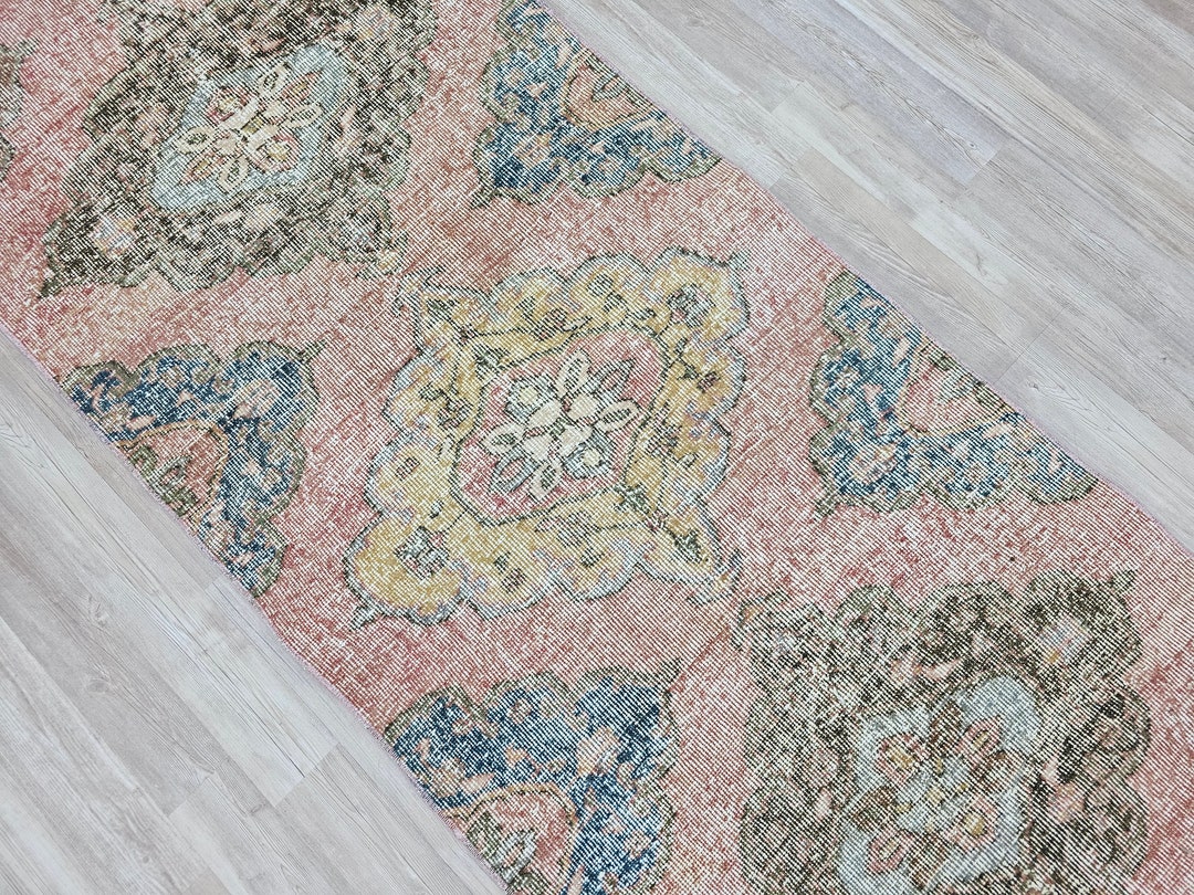 3x12 Neutral Blue Pink Runner Rug, Silent Oushak Runner, Vintage Rug ...