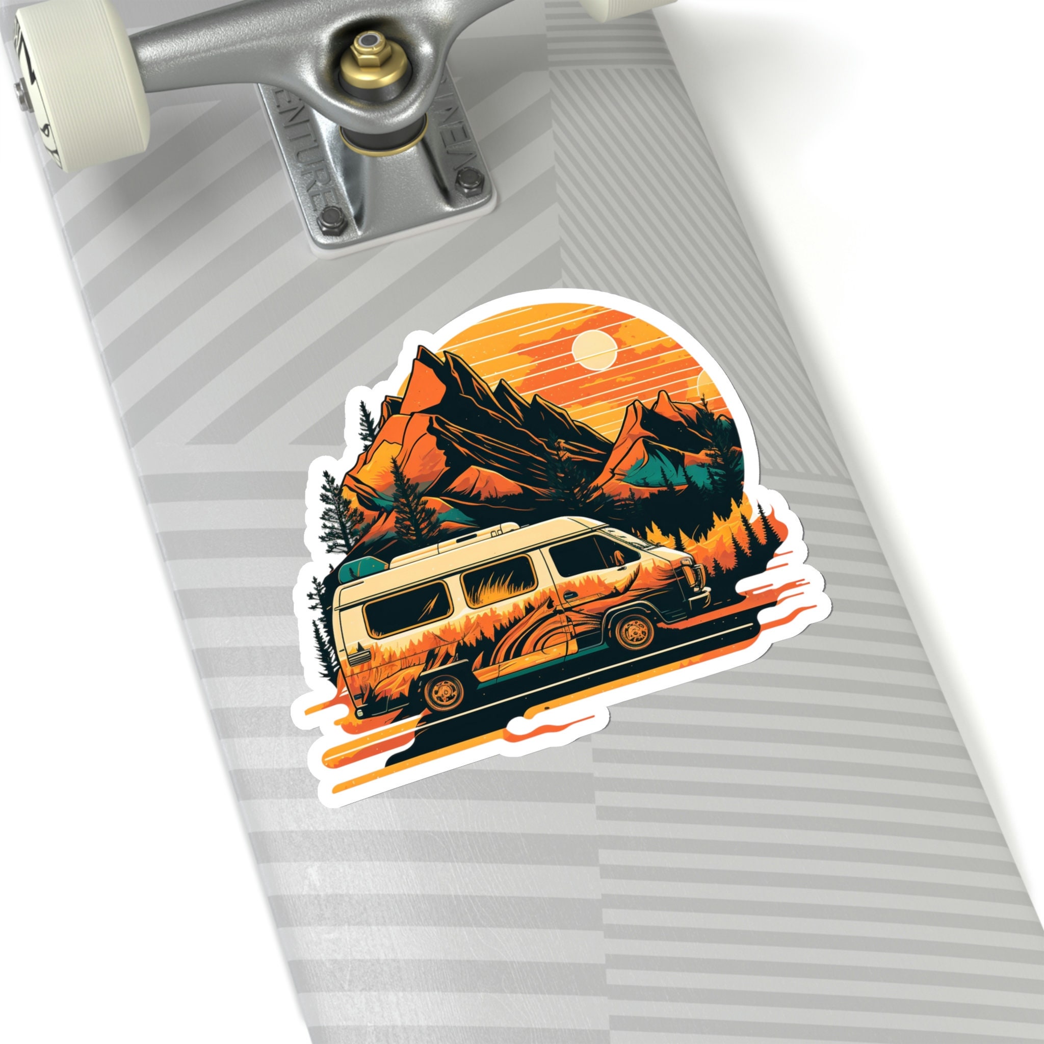 Vintage Camper and Sunset Vinyl Decal, Retro Style, Mountain Range ...