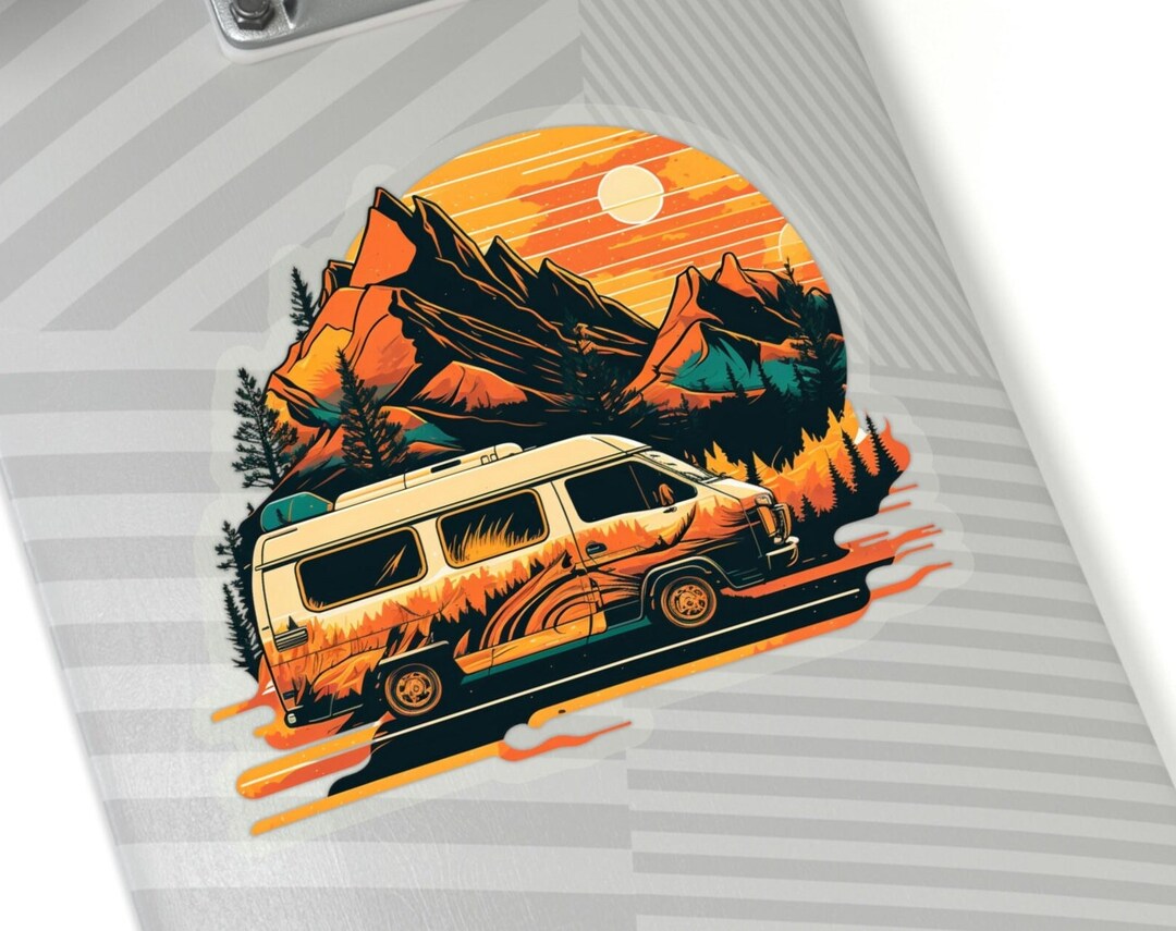 Vintage Camper and Sunset Vinyl Decal, Retro Style, Mountain Range ...