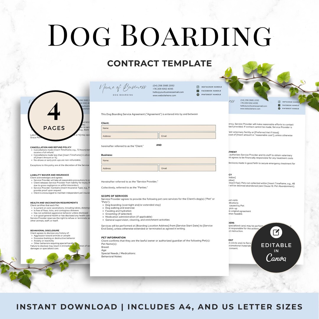 Dog Boarding Contract, Printable Editable Forms for Pet Boarding ...