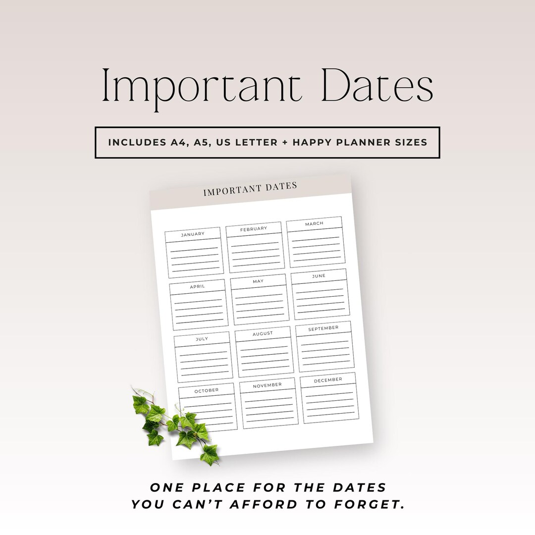 Important Dates Printable Planner Insert, One Page Important Dates ...