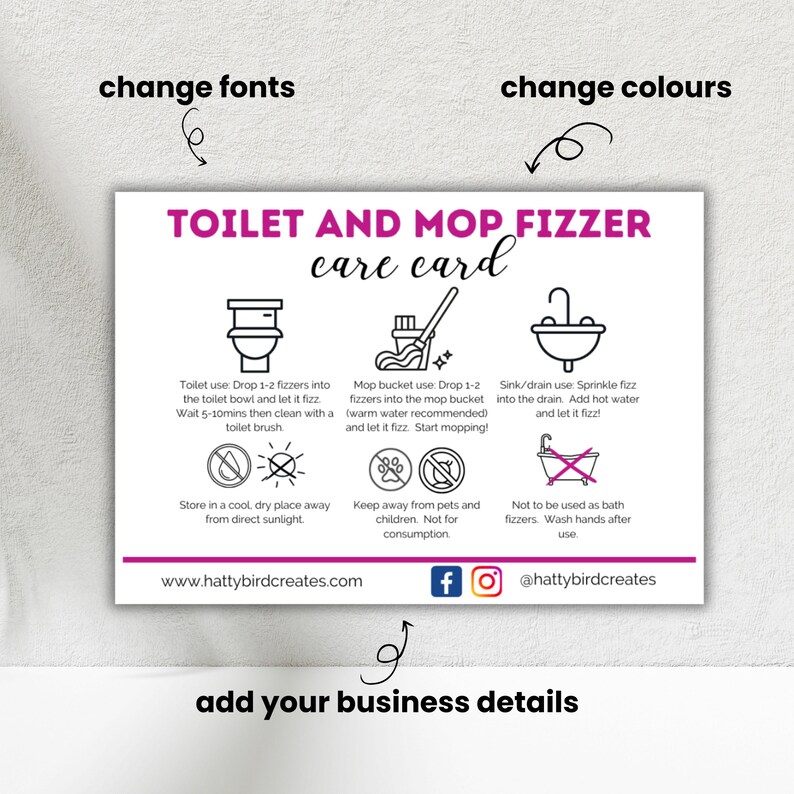 Editable Toilet Fizzer Care Card Template Mop Fizzer Instructions ...