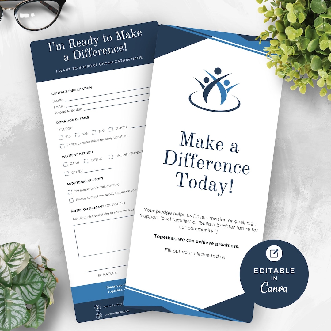 Donation Pledge Card Template for Non-profits, Editable Canva Giving ...