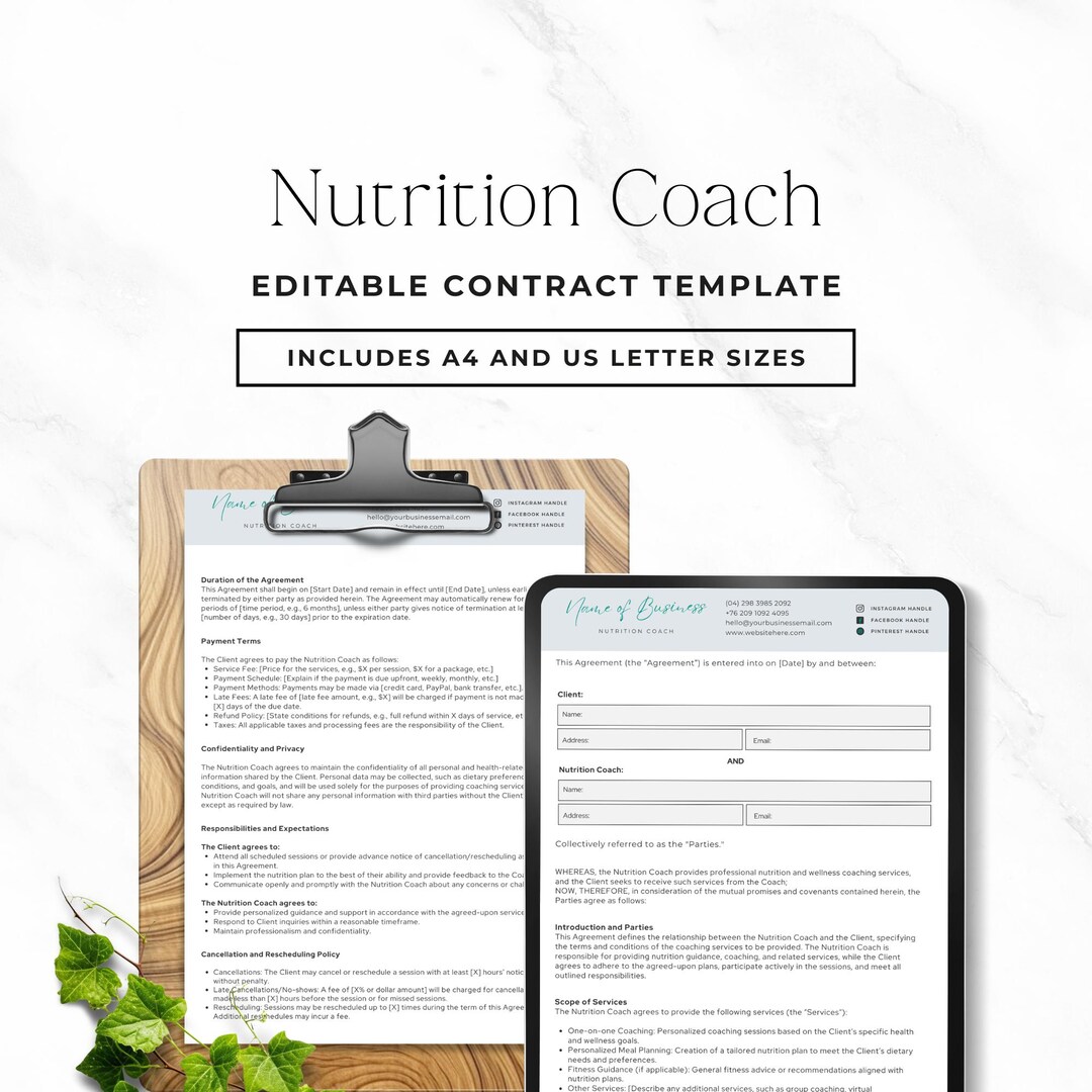 Nutrition Coach Contract Template Editable Coaching Client Agreement ...