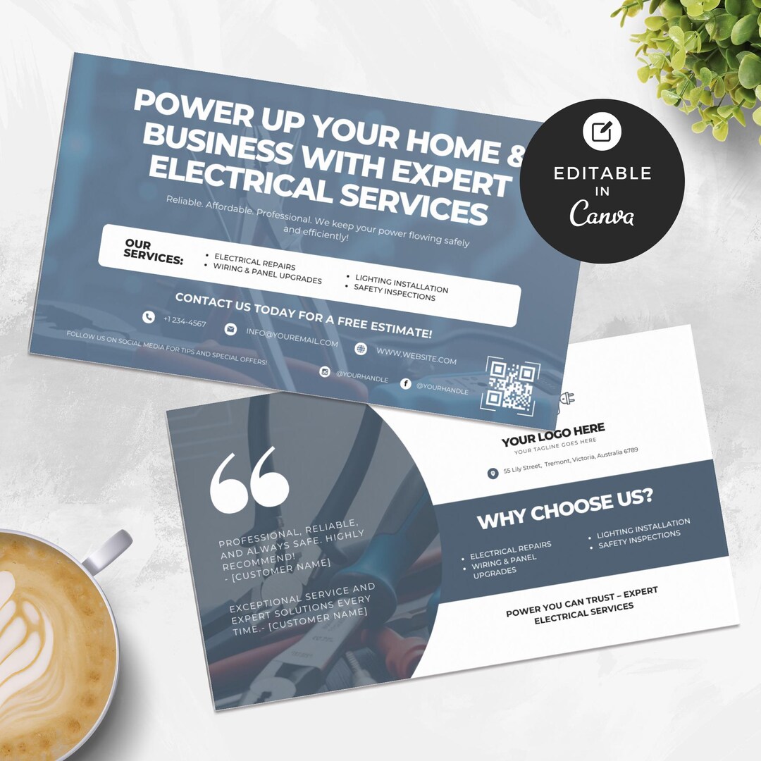 Electrician Business Card Template Editable Canva Design Custom ...