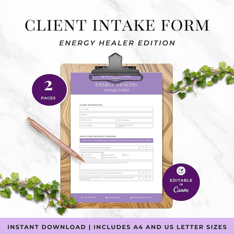 Energy Healer Client Intake Form Template, Editable Template for ...