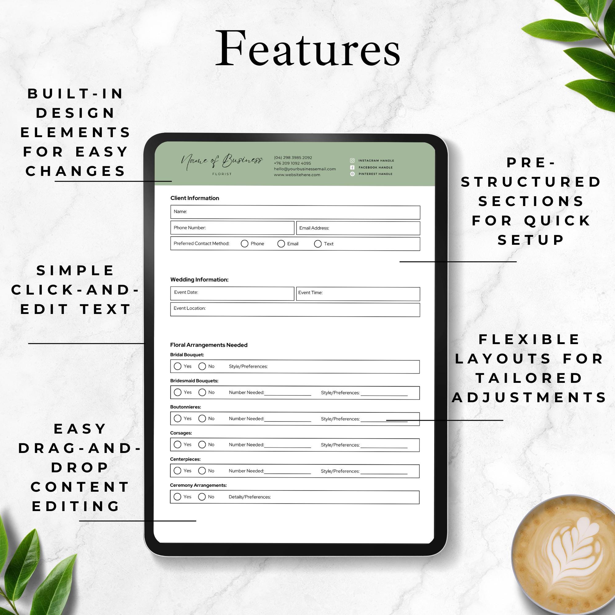 Wedding Florist Consultation Form Template Floral Design Planning Guide ...