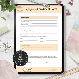 Daycare Enrollment Form Template Editable Childcare Form for Nursery ...