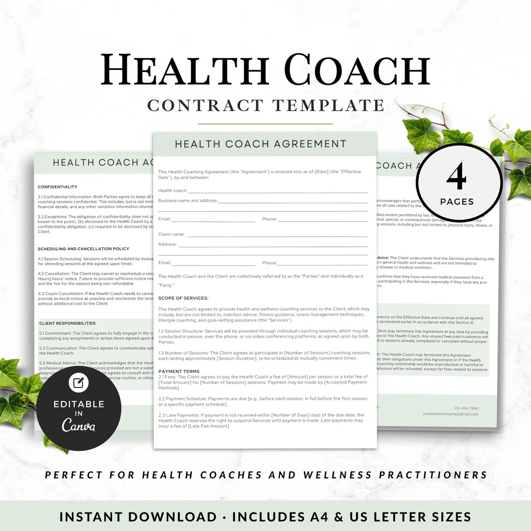 Health Coach Contract Template Editable Health Coaching Agreement for ...