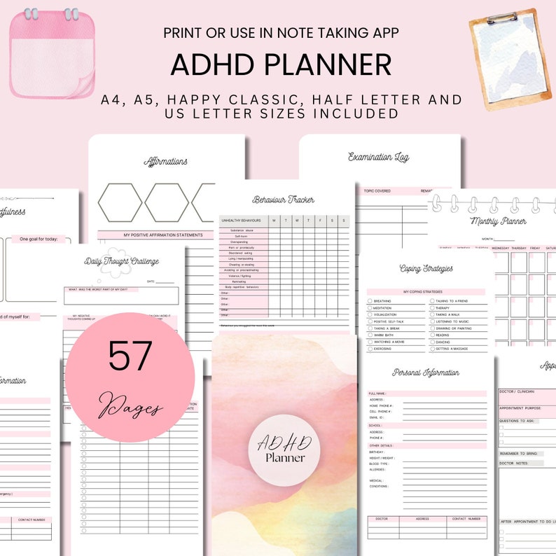Printable ADHD Planner Adult Journal Digital ADHD Productivity Planner ...