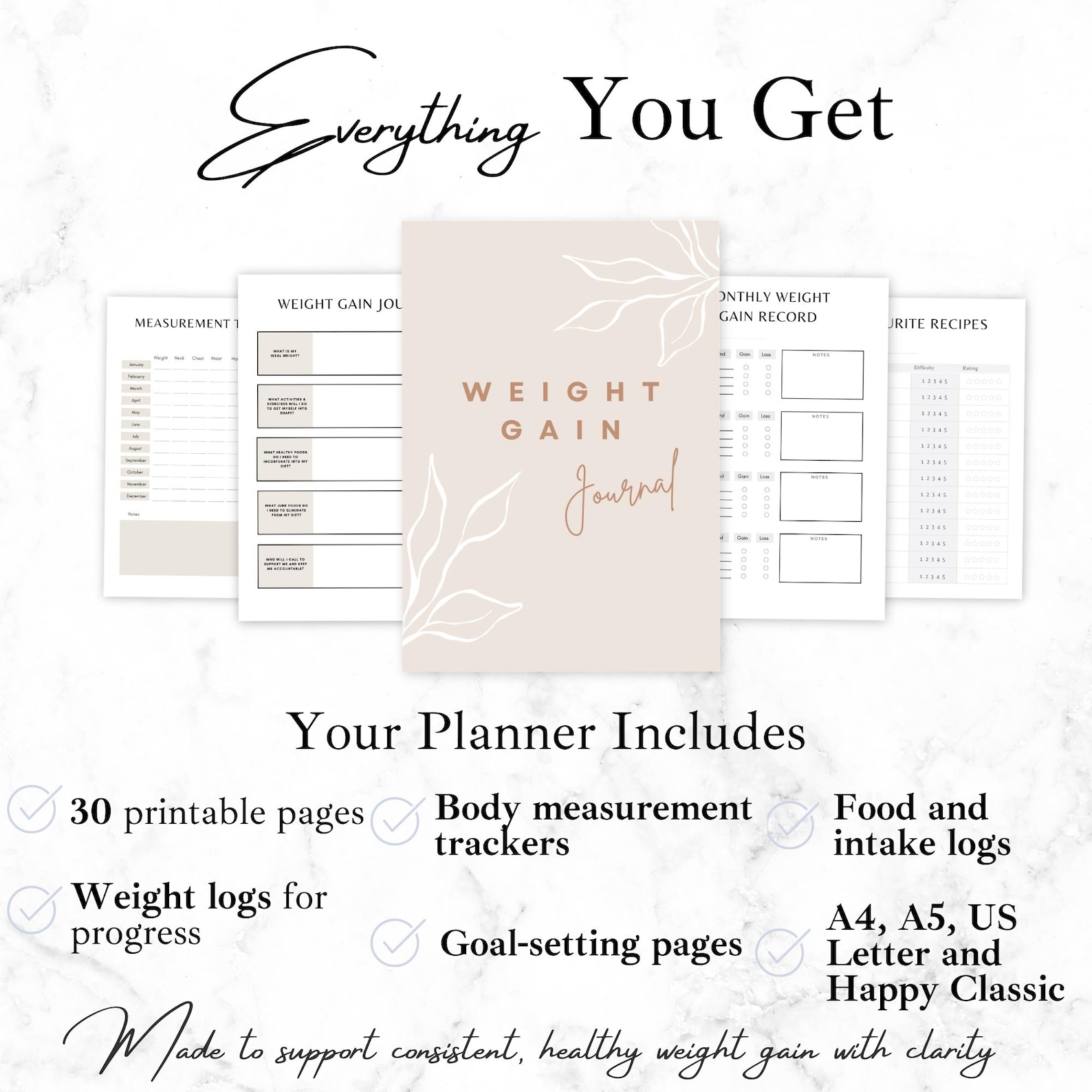Weight Gain Journal Printable Workout Tracker Body Measurement Log Meal ...