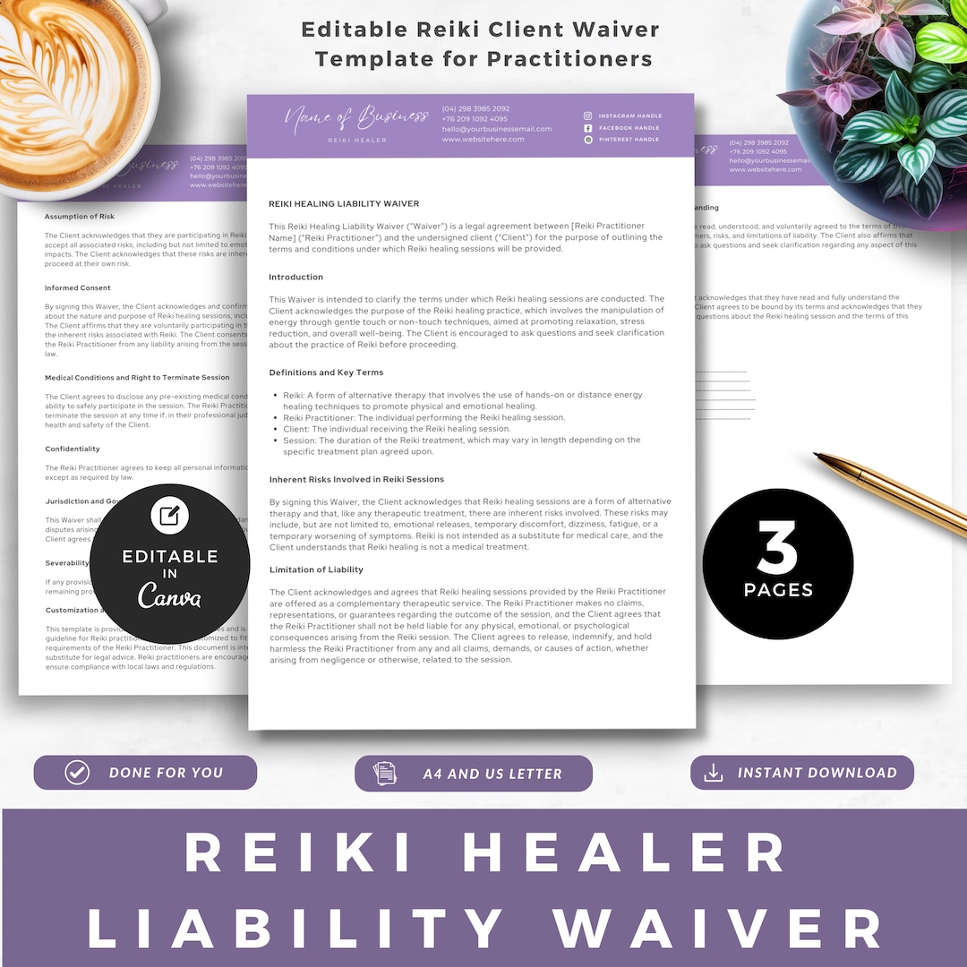 Editable Reiki Energy Healer Liability Waiver, Client Consent Form ...