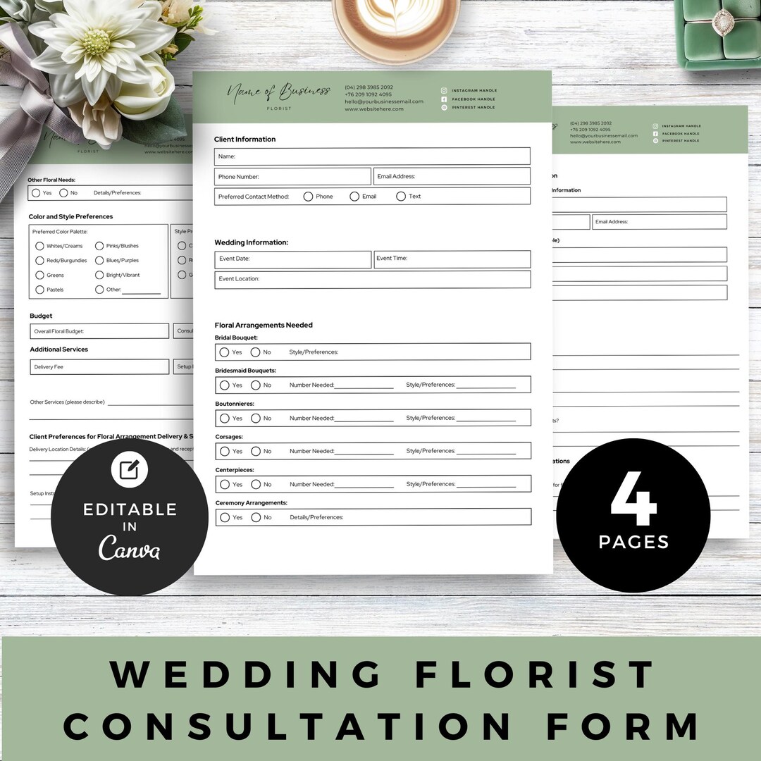 Wedding Florist Consultation Form Template Floral Design Planning Guide ...