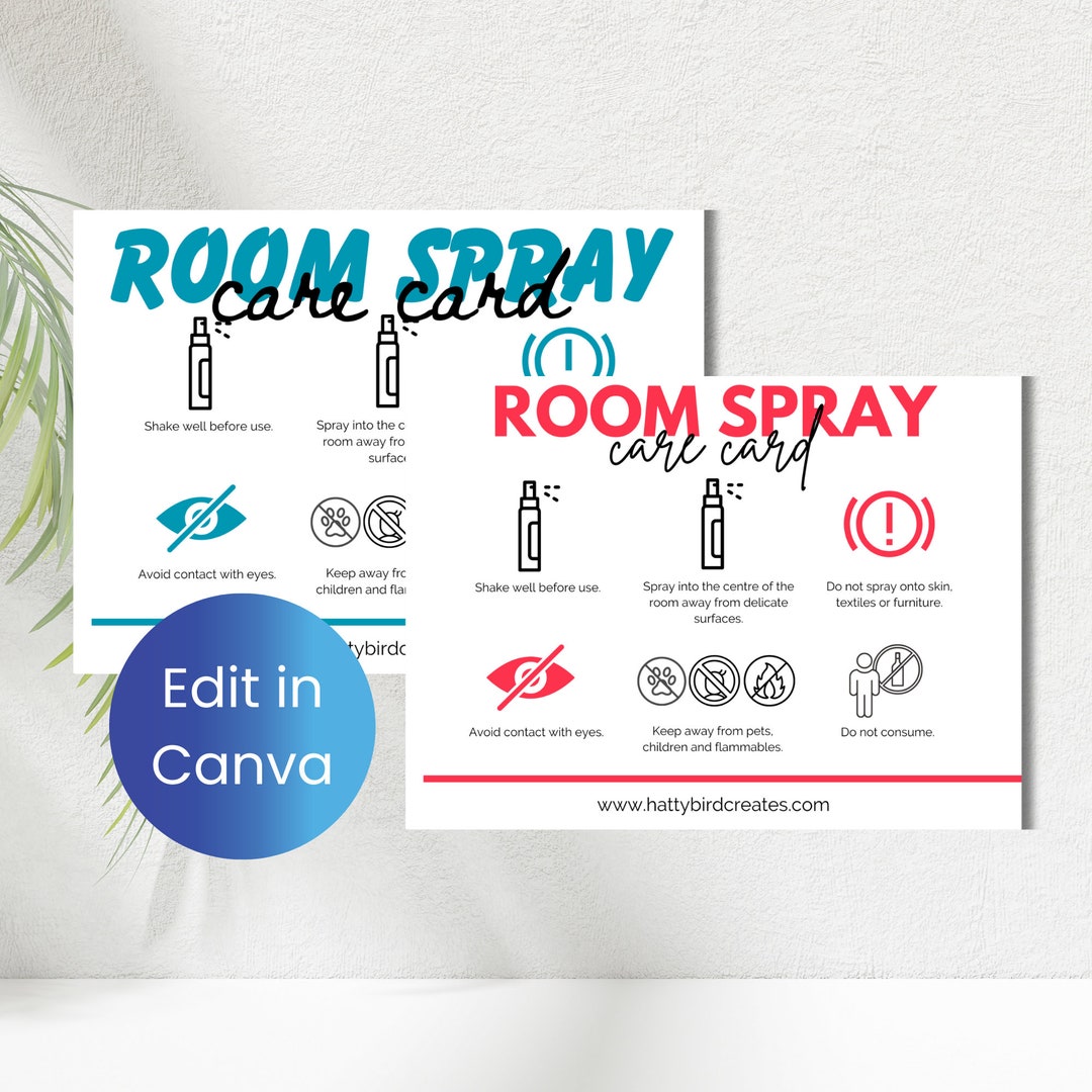 Editable Room Spray Care Card Template Room Mist Care Instructions Card ...