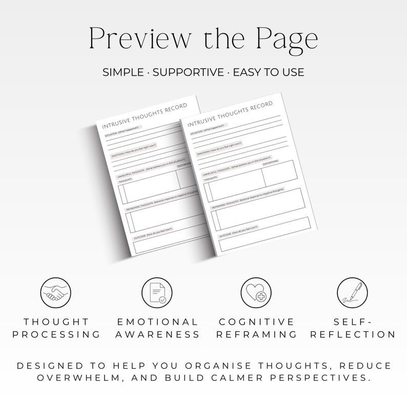 Intrusive Thoughts Worksheet Printable, Minimal CBT Thought Record ...