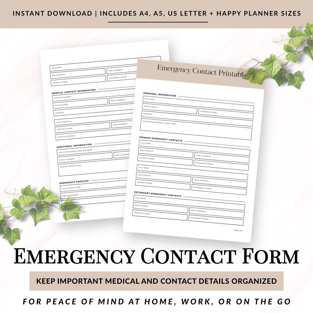 Medical Contact Emergency Form, Family Info Worksheet, Printable ...
